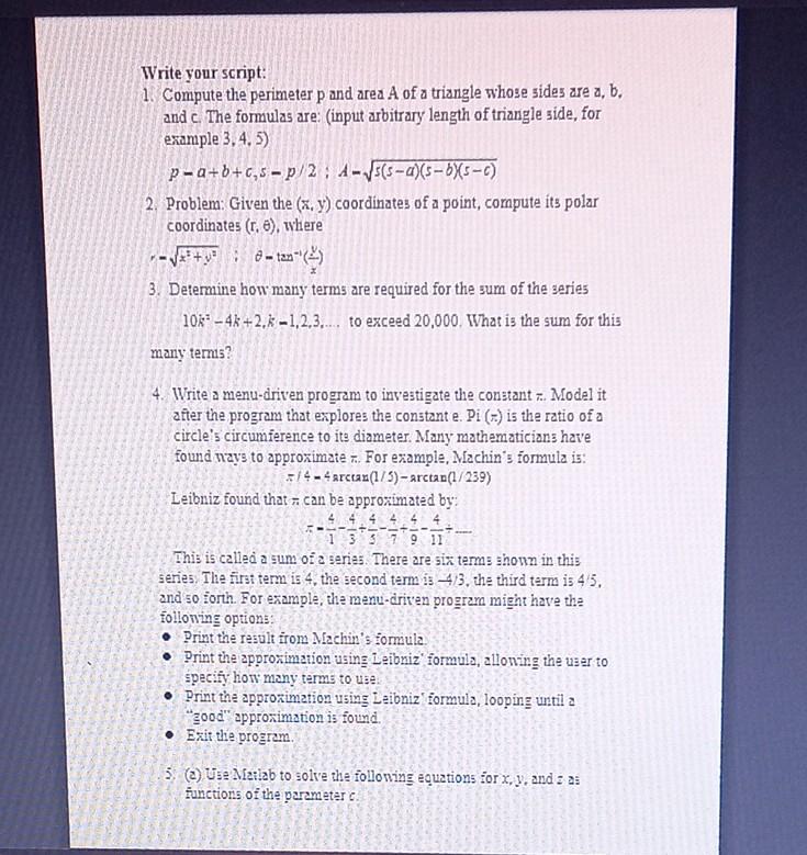 Solved Write your script: 1. Compute the perimeter p and | Chegg.com