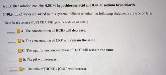 Solved A 1.00 liter solution contains 0.58 M hypochlorous | Chegg.com