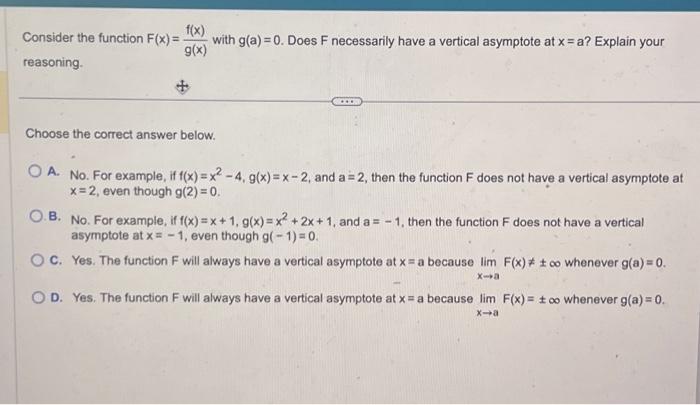 Solved Consider the function F(x)= reasoning. f(x) with g(a) | Chegg.com