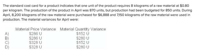 Solved The standard cost card for a product indicates that | Chegg.com