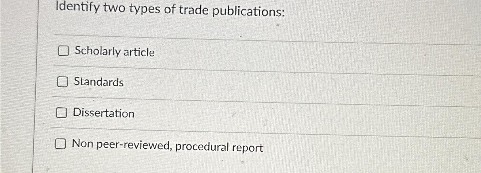 Solved Identify two types of trade publications:Scholarly | Chegg.com