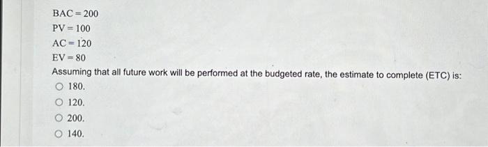 Solved BAC = 200 PV = 100 AC = 120 EV = 80 Assuming that all | Chegg.com