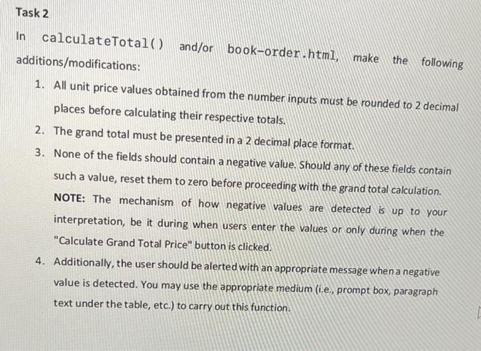 Solved Task 2 In calculateTotal() and/or book-order.html, | Chegg.com