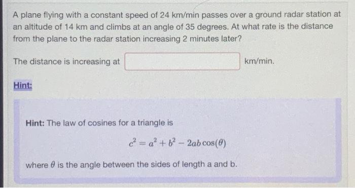 Solved A plane flying with a constant speed of 24 km/min | Chegg.com