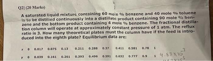Solved A saturated liquid mixture containing 60 mole % | Chegg.com