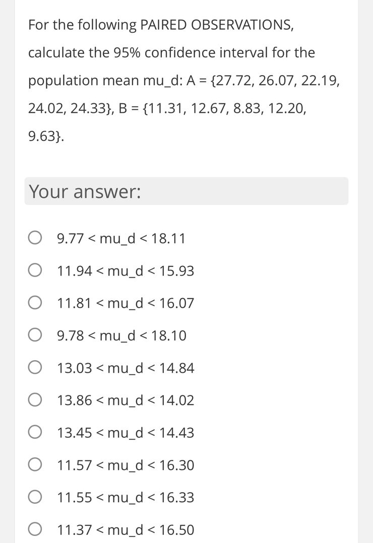 Solved For the following PAIRED OBSERVATIONS, calculate the | Chegg.com