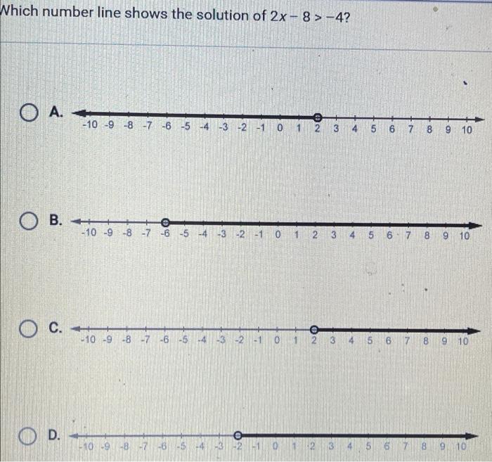 Solved Which number line shows the solution of 2x-8 >-4? O | Chegg.com