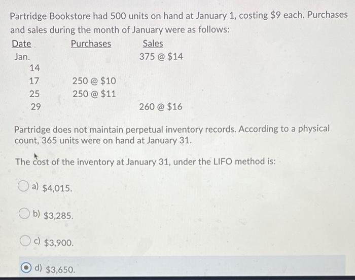 Solved Partridge Bookstore had 500 units on hand at January | Chegg.com