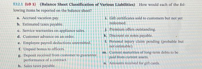 Solved E12.1 (LO 1) (Balance Sheet Classification of Various | Chegg.com
