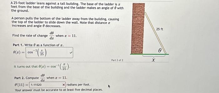 Solved A 25 -foot ladder leans against a tall building. The | Chegg.com