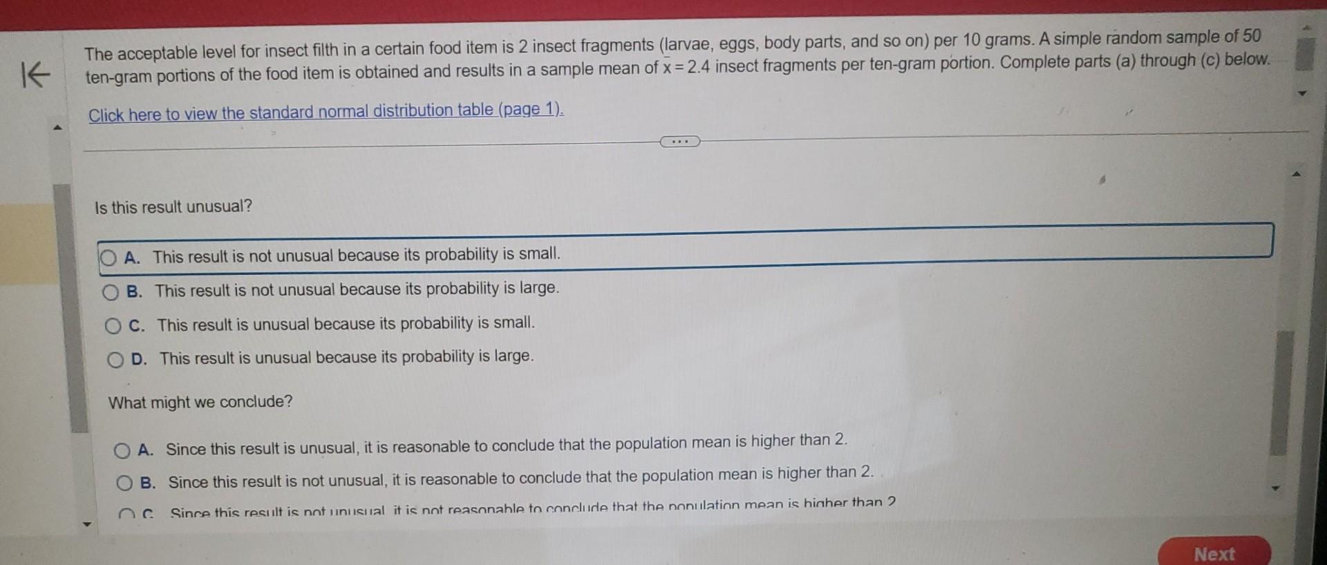 Solved The acceptable level for insect filth in a certain | Chegg.com