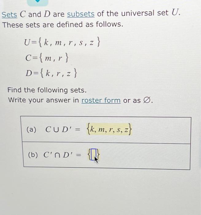 Solved Sets C and D are subsets of the universal set U. | Chegg.com