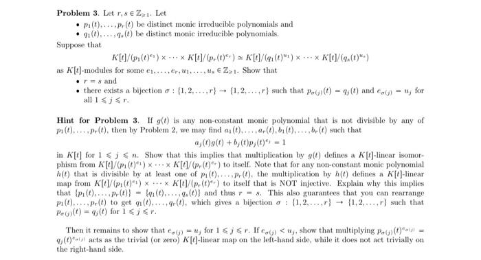 Solved Problem 3. Let r,s∈Z>1. Let - p1(t),…,pr(t) be | Chegg.com