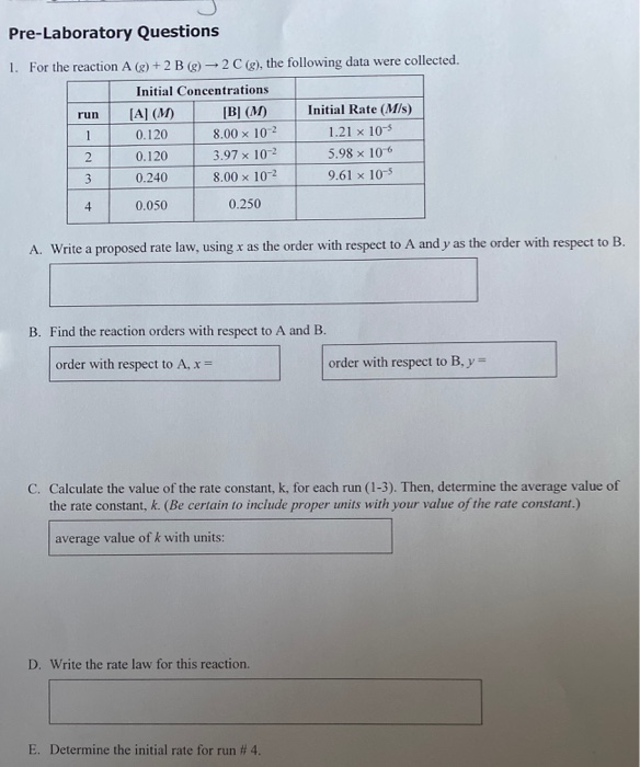 Solved Pre-Laboratory Questions 1. For the reaction A (s) + | Chegg.com