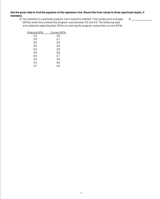 (Solved) : Use Given Data Find Equation Regression Line Round Final ... (Solved) : Use Given Data Find Equation Regression Line Round Final ...