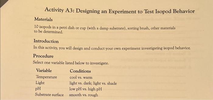 Solved Activity A3: Designing an Experiment to Test Isopod | Chegg.com