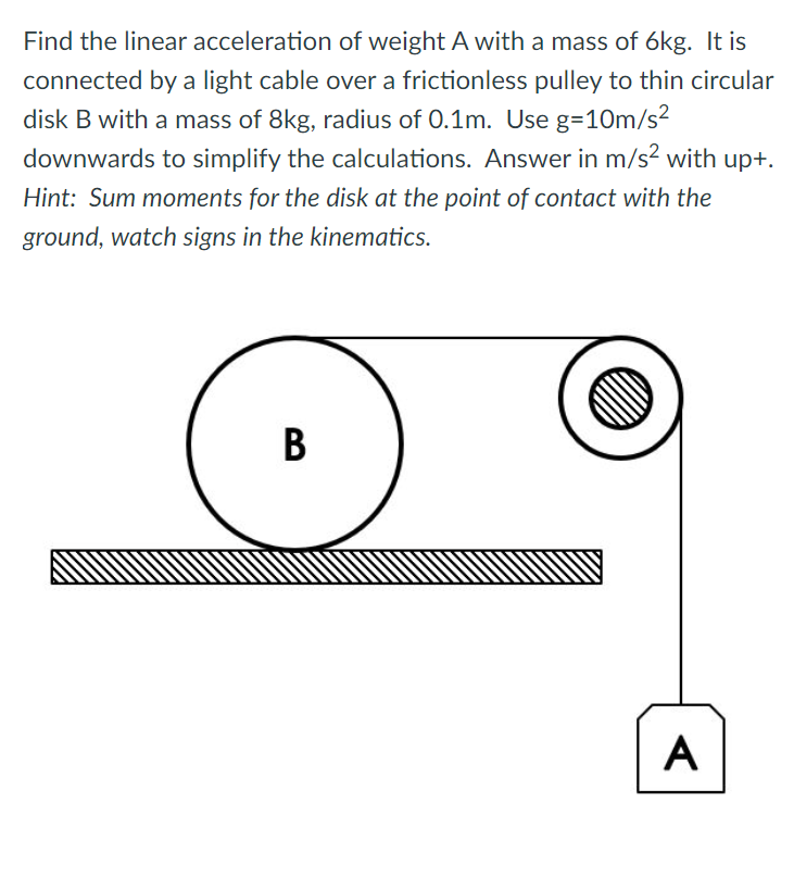 Solved Find the linear acceleration of weight A with a mass | Chegg.com