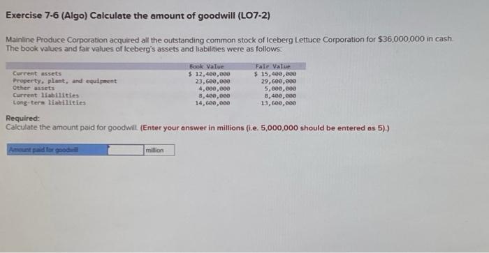 Solved Exercise 7-6 (Algo) Calculate the amount of goodwill | Chegg.com