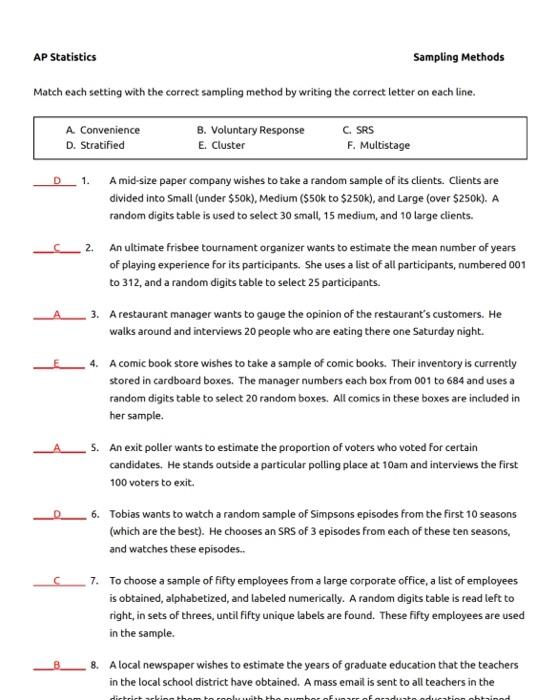 Solved Match each setting with the correct sampling method | Chegg.com