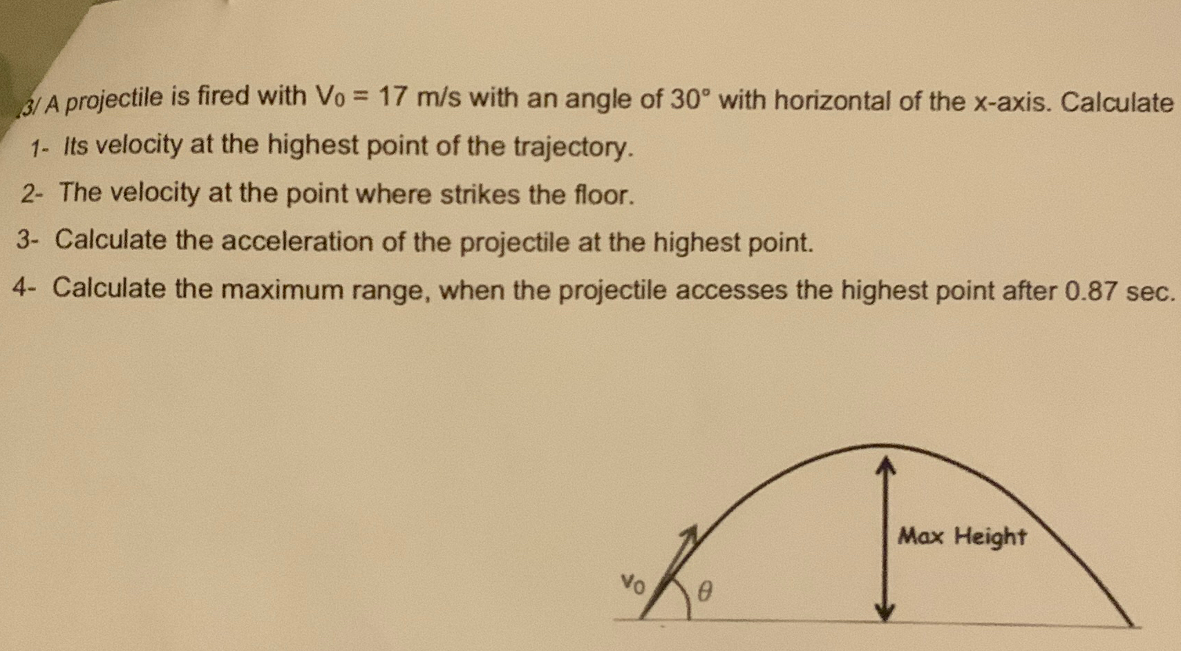 Solved A projectile is fired with V0=17 ﻿m/s with an angle | Chegg.com