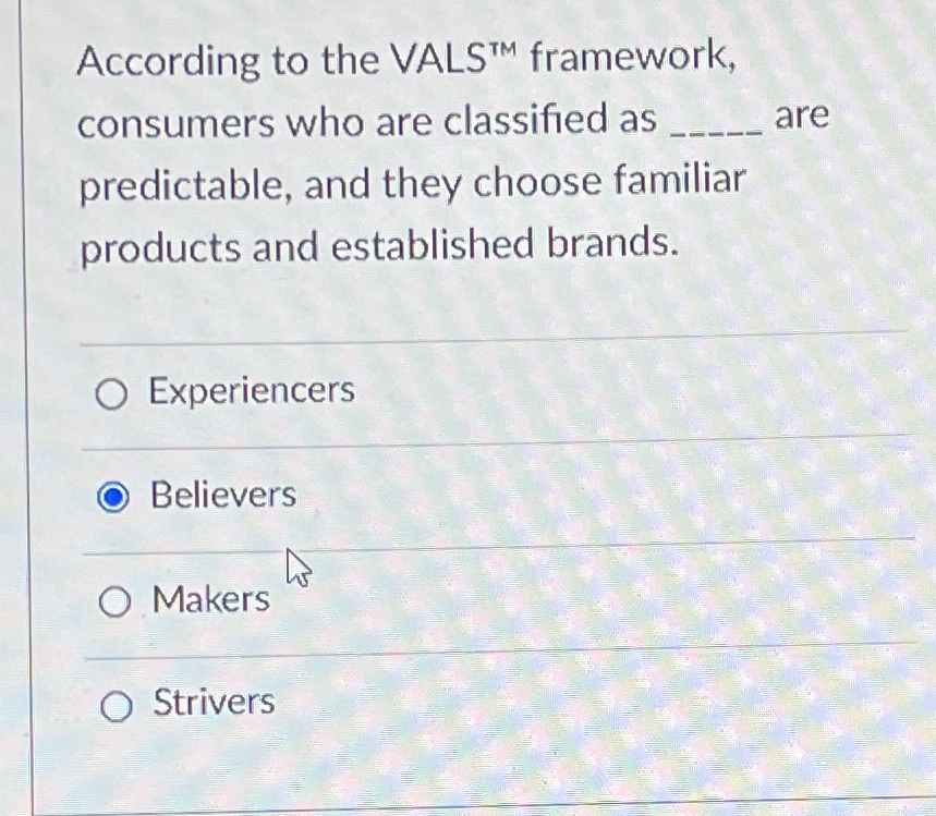 Solved According to the VALS ?TM ﻿framework, consumers who | Chegg.com