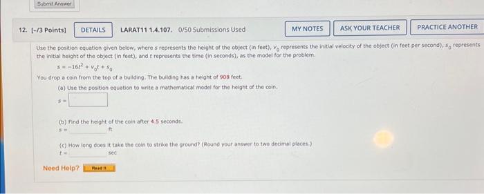 Solved Use the position equation given below, where s | Chegg.com