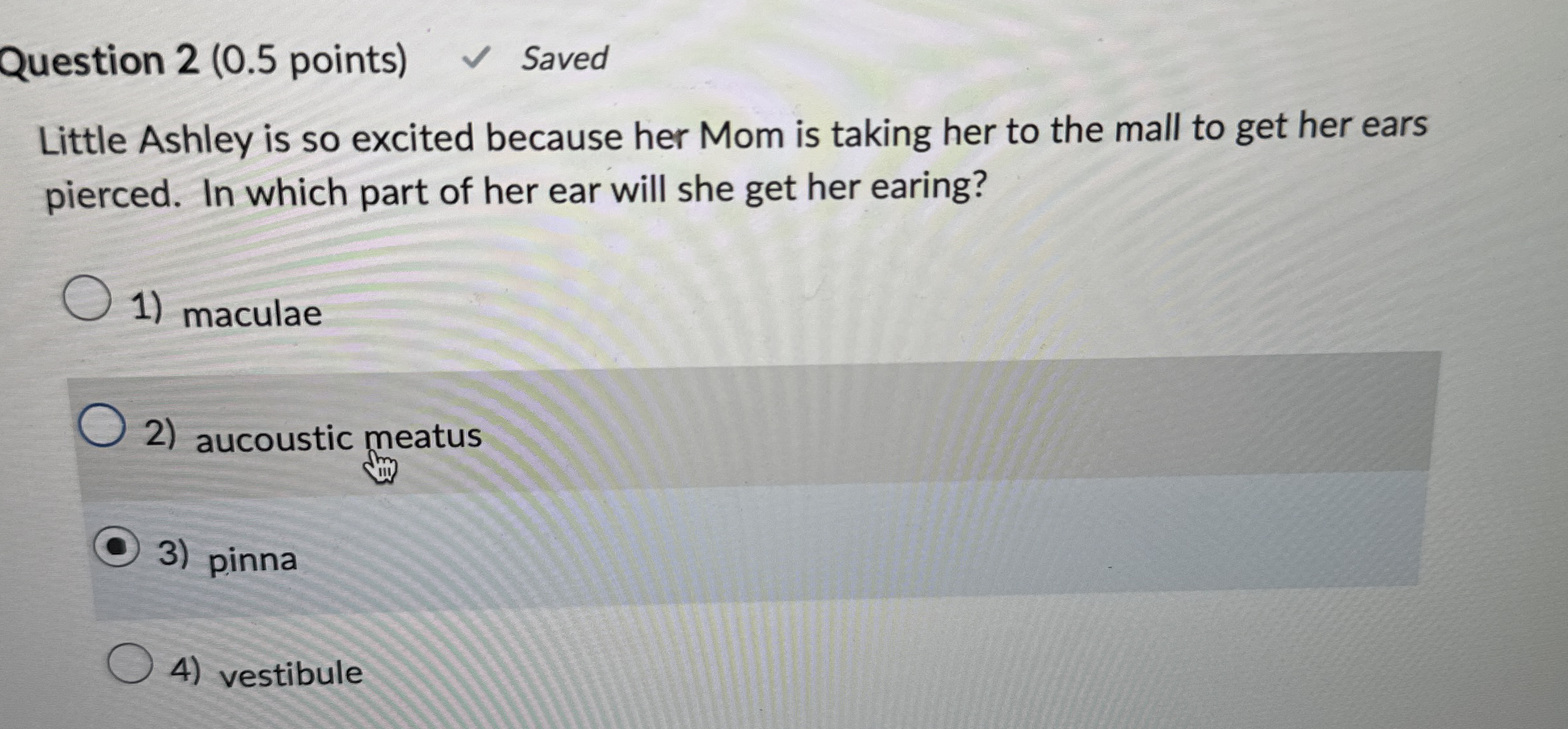 Solved Question 2 (0.5 ﻿points) ﻿SavedLittle Ashley is so | Chegg.com
