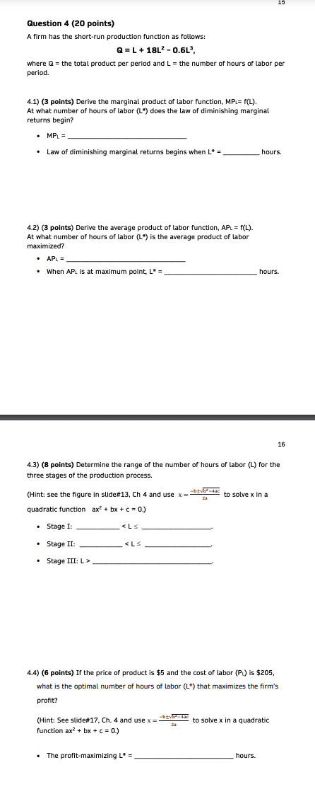 Solved Question 4 (20 ﻿points)A firm has the short-run | Chegg.com