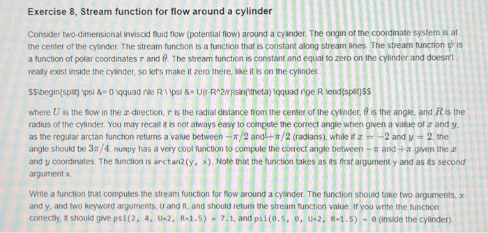 Solved Exercise 8, Stream function for flow around a | Chegg.com