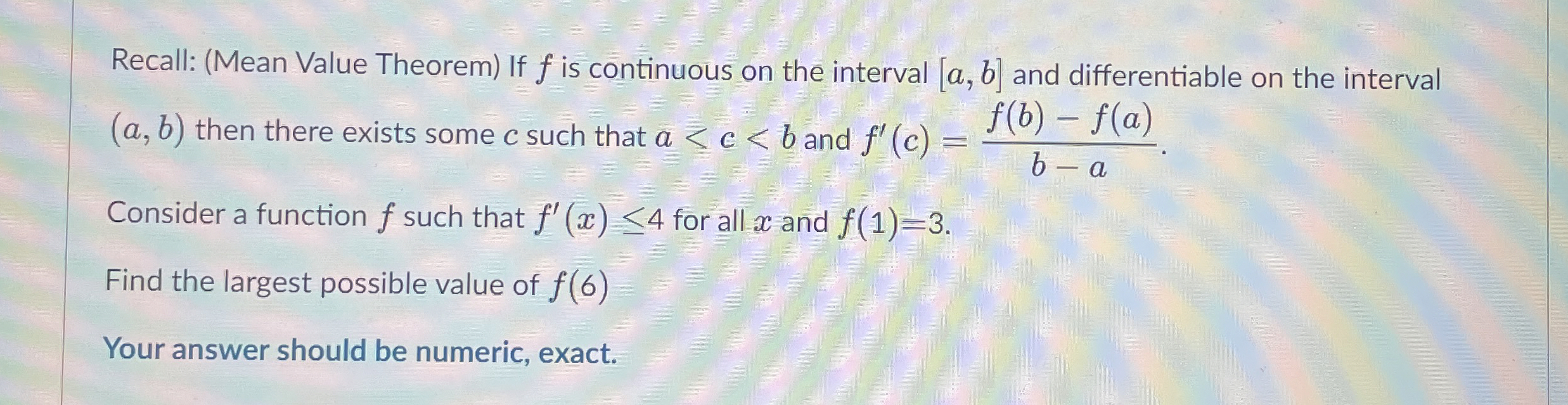 Solved Recall: (Mean Value Theorem) ﻿If f ﻿is continuous on | Chegg.com