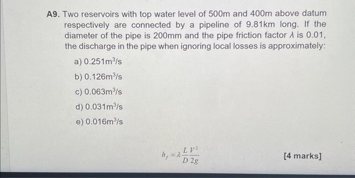 Solved A9. Two reservoirs with top water level of 500 m and | Chegg.com