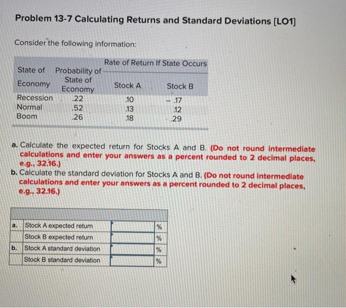 Solved Problem 13-7 Calculating Returns and Standard | Chegg.com