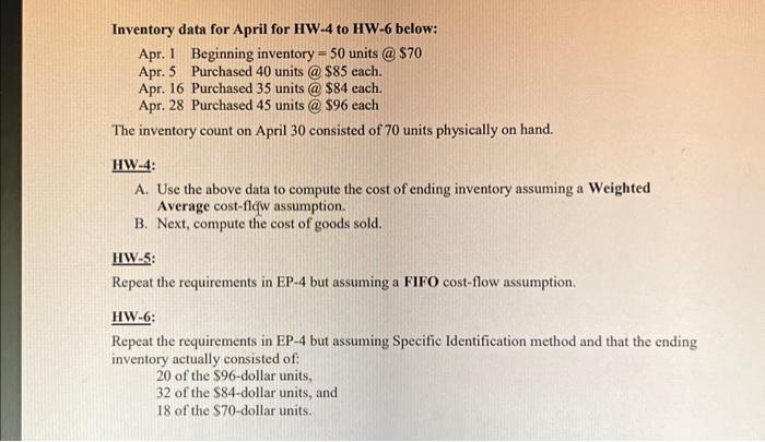 Solved Inventory data for April for HW-4 to HW-6 below: Apr. | Chegg.com