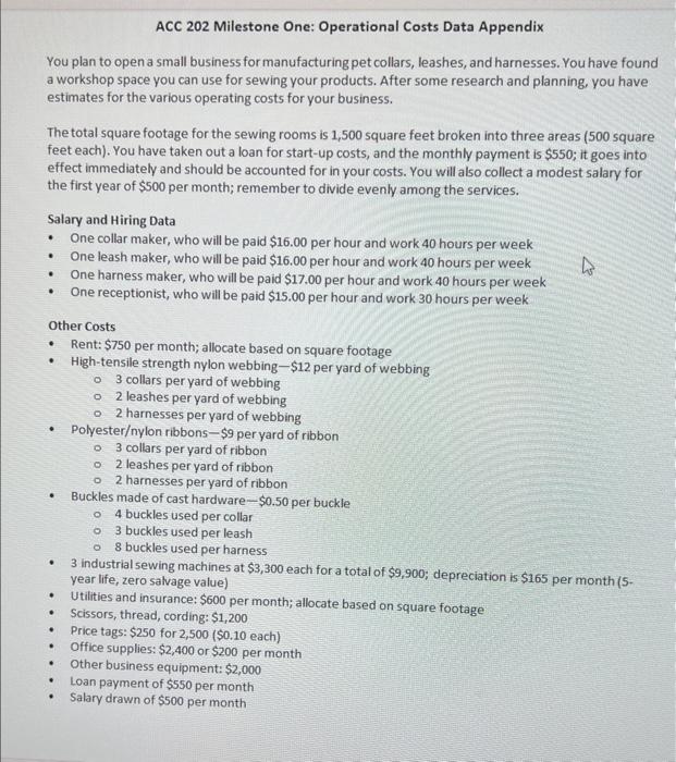 Solved ACC 202 Milestone One: Operational Costs Data | Chegg.com