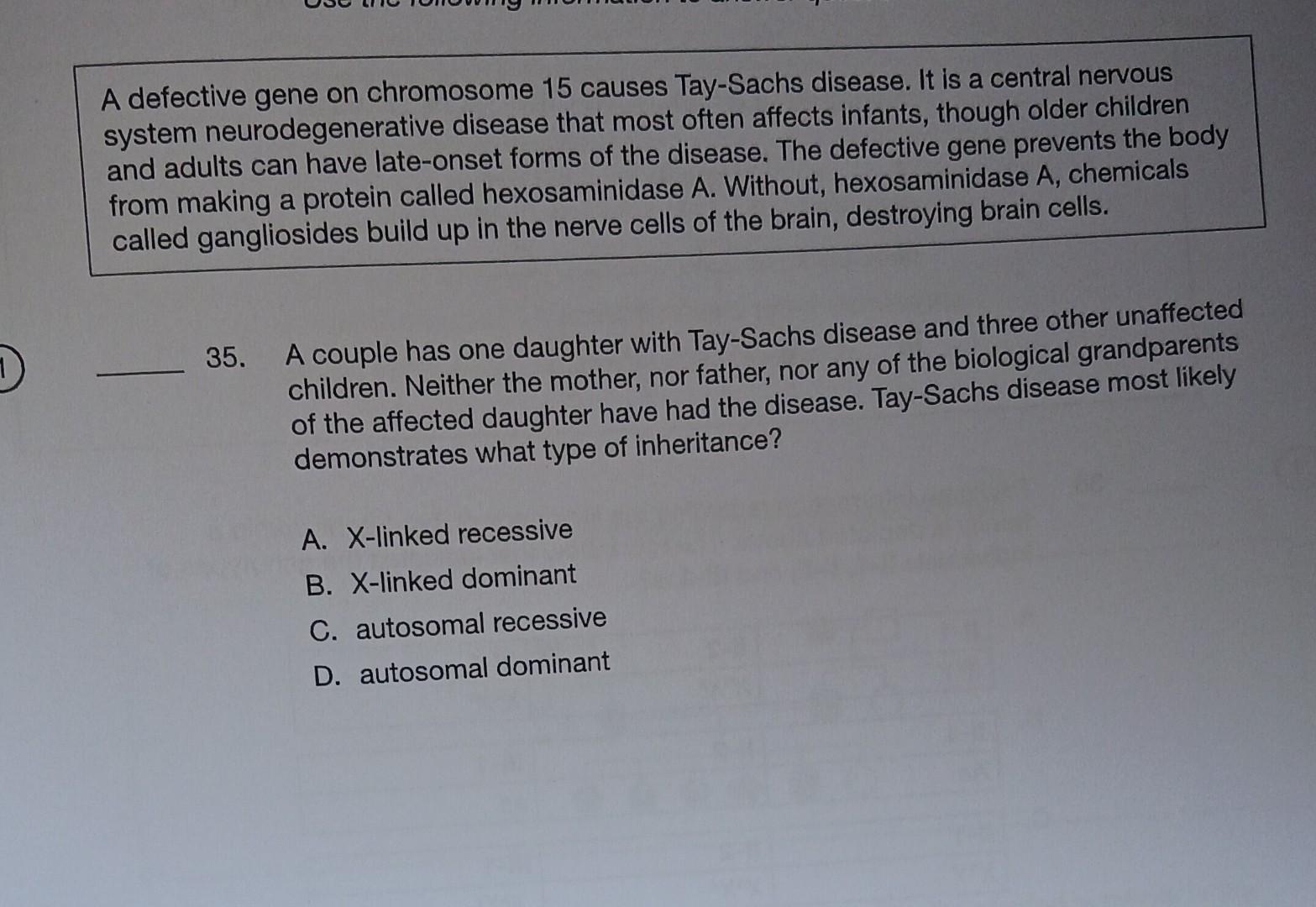 Solved A defective gene on chromosome 15 causes Tay-Sachs | Chegg.com
