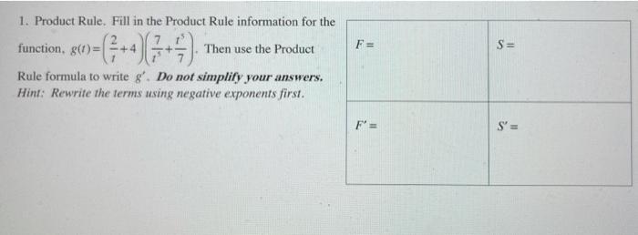 Solved 1. Product Rule. Fill in the Product Rule information | Chegg.com