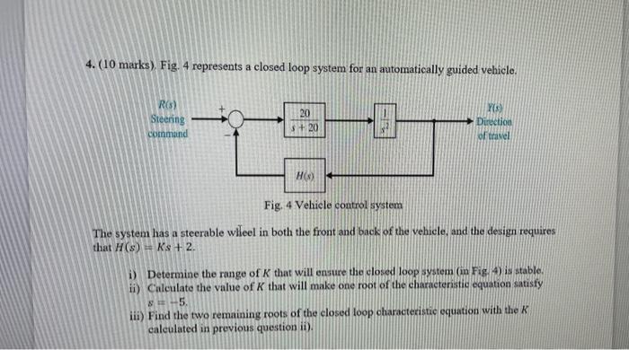 Solved 4. (10 marks). Fig. 4 represents a closed loop system | Chegg.com