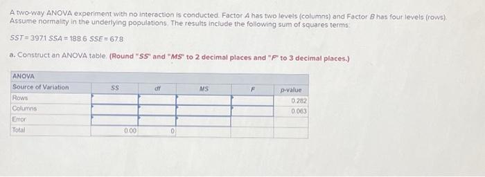 Solved A two-way ANOVA experiment with no interaction is | Chegg.com
