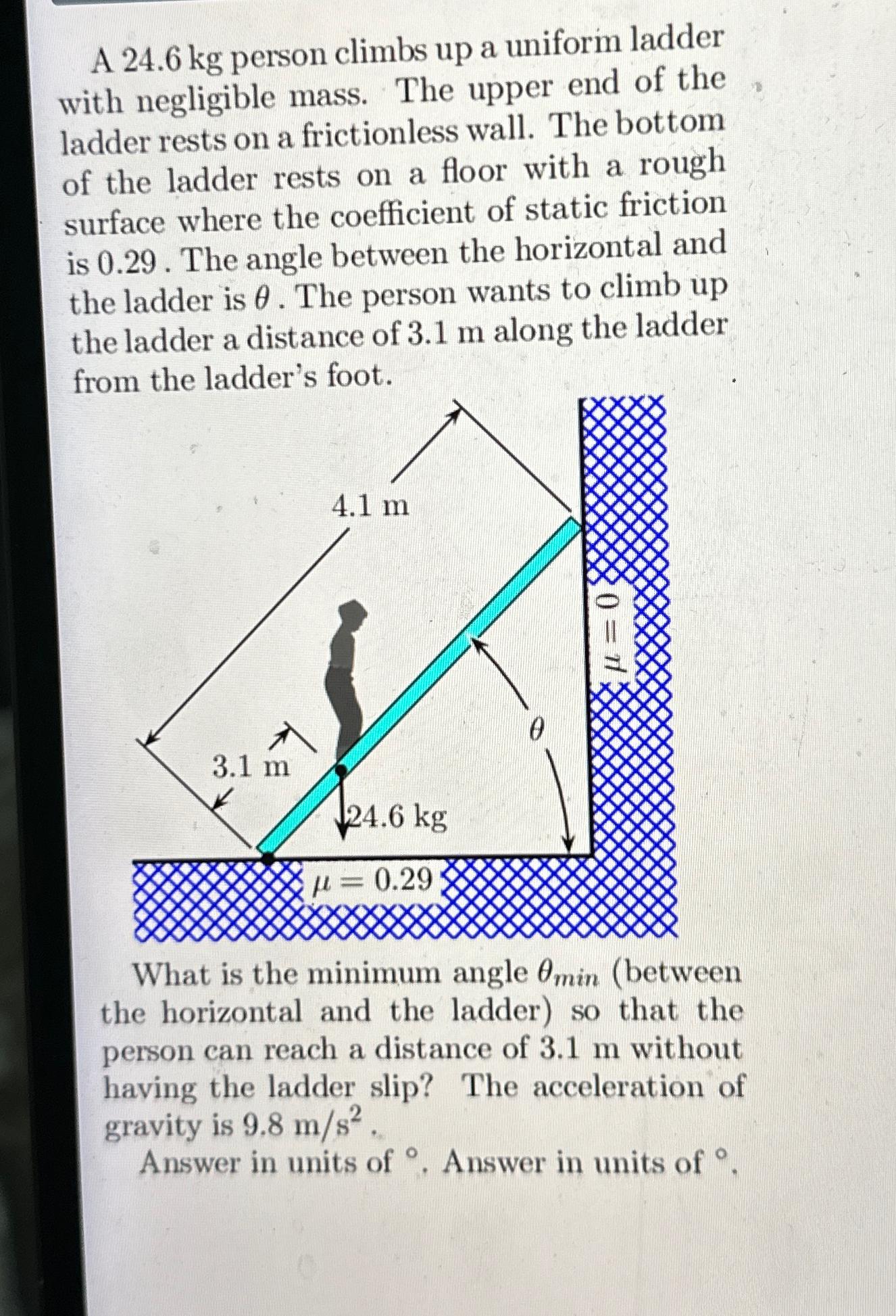 Solved A 24.6kg ﻿person climbs up a uniform ladder with | Chegg.com