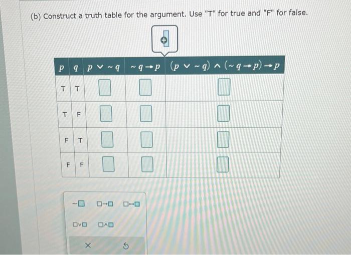 Solved (b) Construct a truth table for the argument. Use "T" | Chegg.com