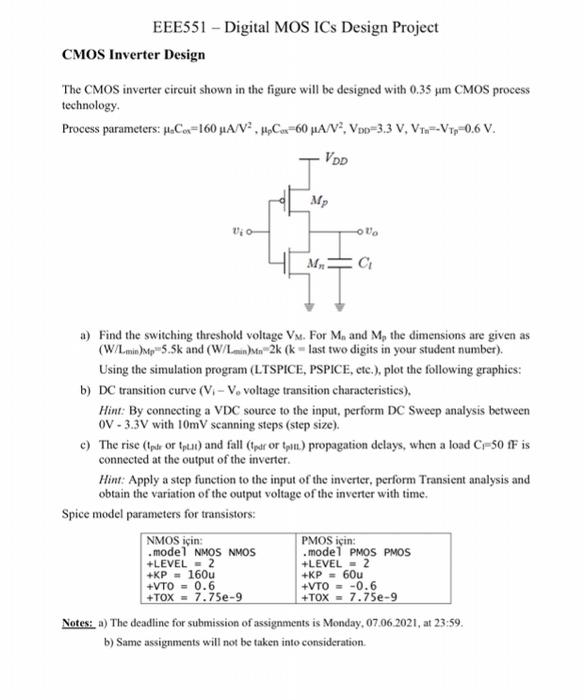 Solved EEE551 - Digital MOS ICs Design Project CMOS Inverter | Chegg.com