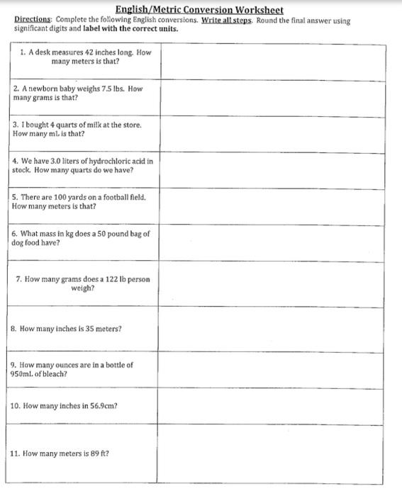 Solved English/Metric Conversion Worksheet Directions: | Chegg.com