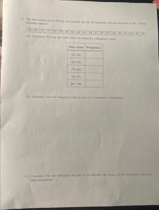 Solved 12. The test scores out of 100 for test number one | Chegg.com