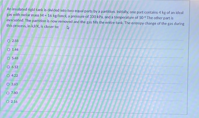 Solved An insulated rigid tank is divided into two equal | Chegg.com