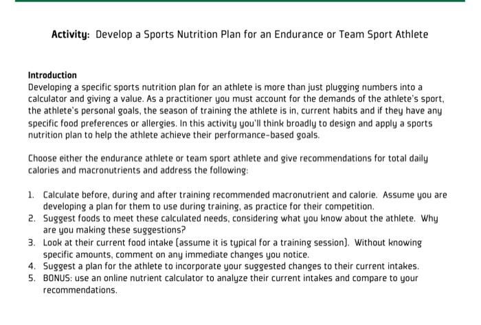 Activity: Develop a Sports Nutrition Plan for an | Chegg.com