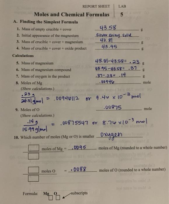 Solved REPORT SHEET LAB 8 Moles and Chemical Formulas 5 A. | Chegg.com