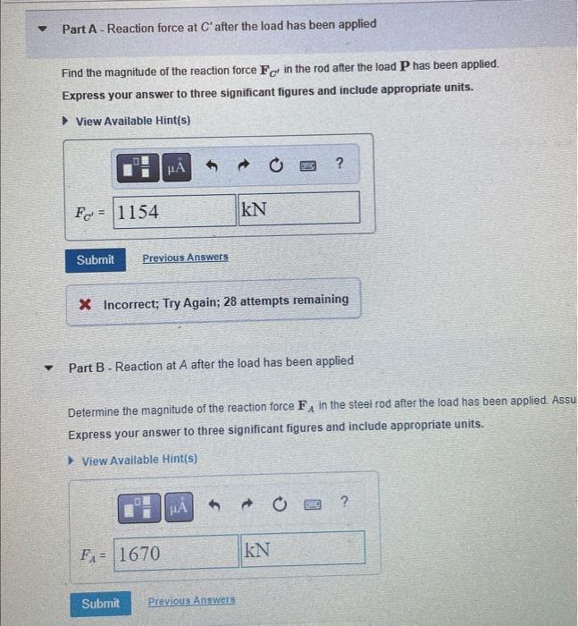 Solved Part A - Reaction force at C′ after the load has been | Chegg.com