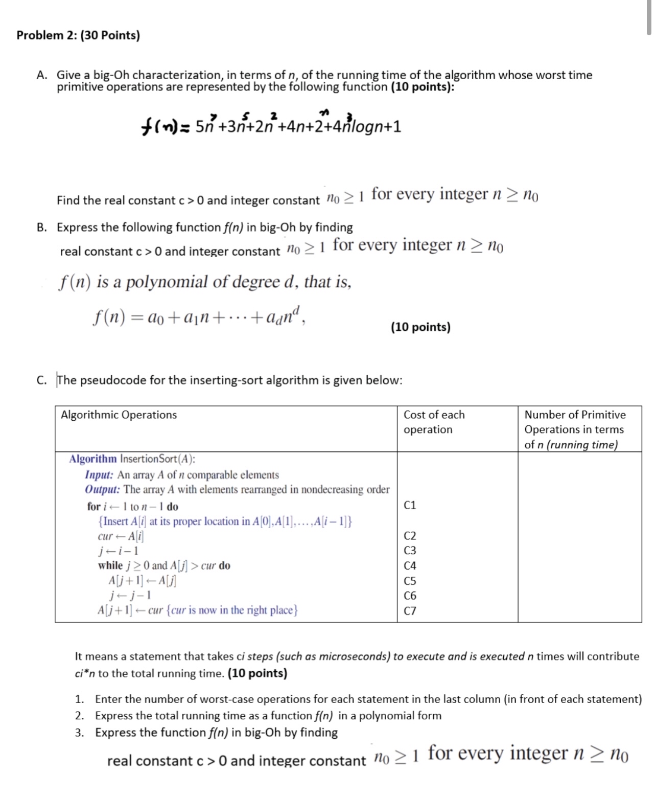 Solved Problem 2: (30 ﻿Points)A. ﻿Give a big-Oh | Chegg.com