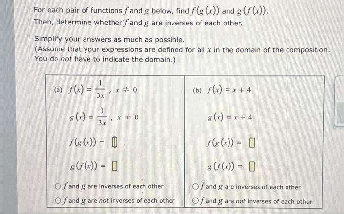 Solved For each pair of functions f and g below, find | Chegg.com