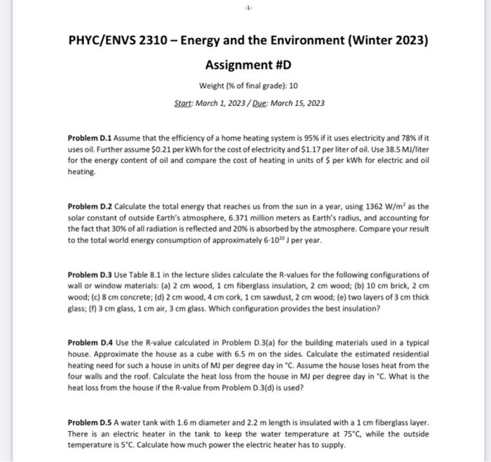 Solved PHYC/ENVS 2310 - Energy and the Environment (Winter | Chegg.com